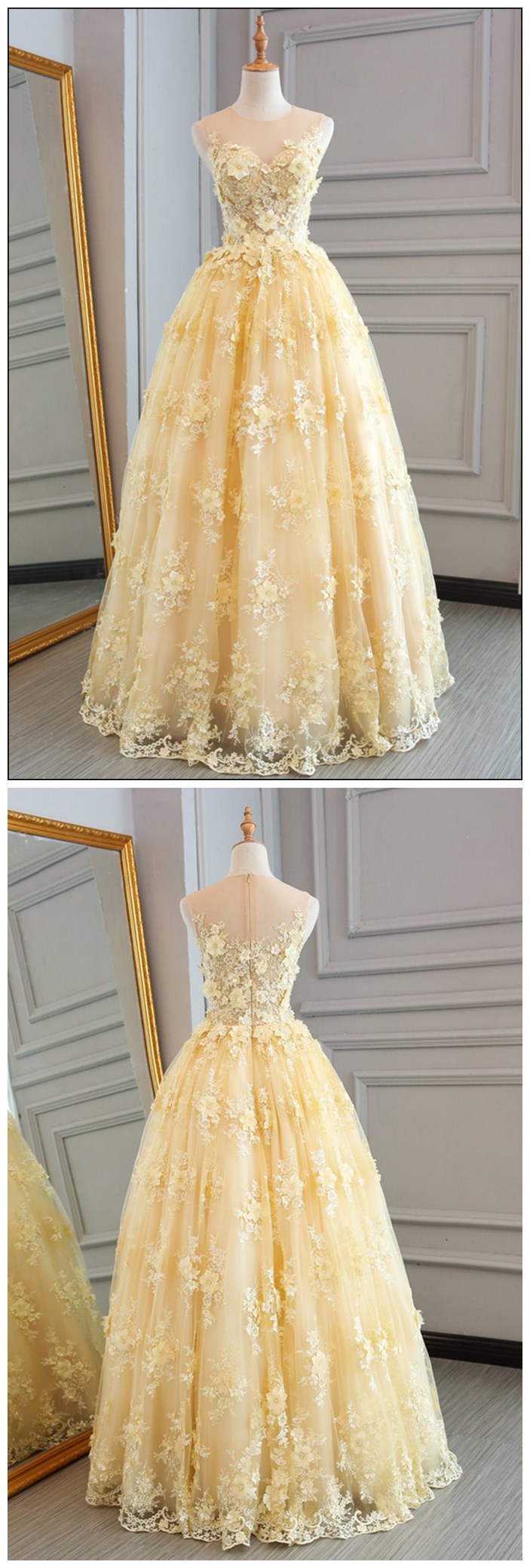 Long Prom Dresses Scoop A-line Floor-length Lace Sexy Yellow Prom Dress ...
